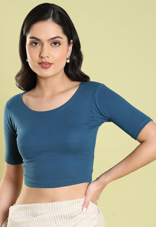 Solid Color Lycra (Elastane) Blouse in Teal Blue : UVC1501