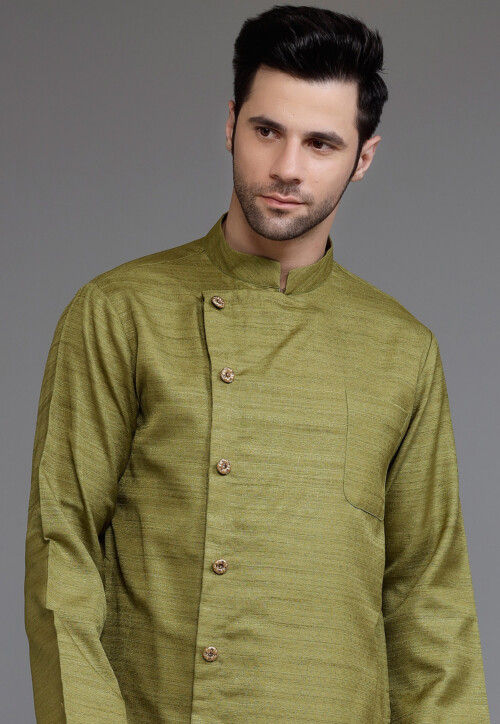 Buy Solid Color Matka Silk Asymmetric Kurta Set in Olive Green Online ...