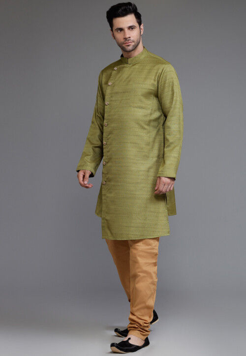 Buy Solid Color Matka Silk Asymmetric Kurta Set in Olive Green Online ...