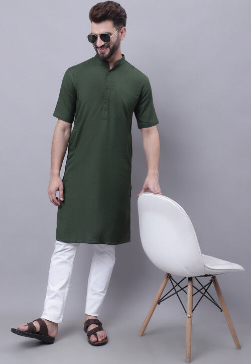 Buy Solid Color Pure Cotton Kurta in Dark Green Online : MAN49 - Utsav ...