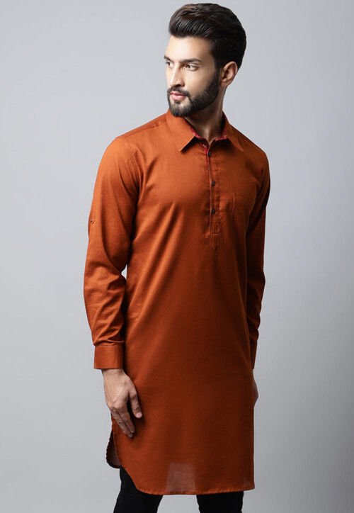 Buy Solid Color Pure Cotton Kurta in Rust Online : MAN214 - Utsav Fashion