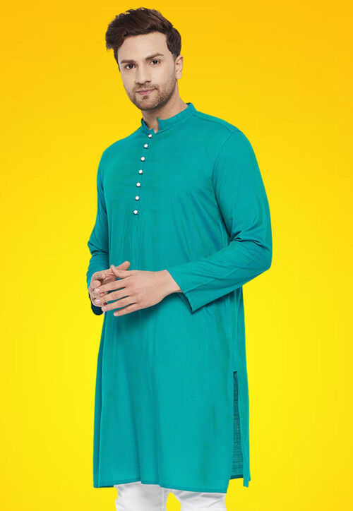 Buy Solid Color Pure Cotton Kurta in Teal Blue Online : MAN398 - Utsav ...