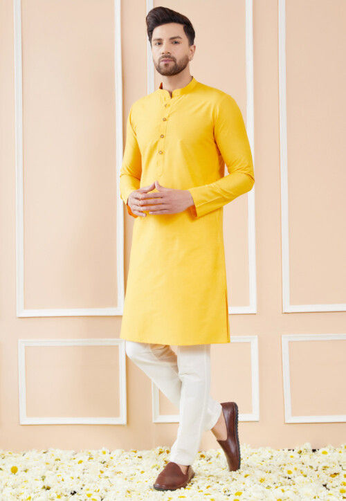 Buy Solid Color Pure Cotton Kurta Set in Yellow Online : MEE2266 ...