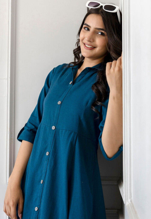 Buy Solid Color Pure Cotton Midi Dress in Teal Blue Online : TUV866 ...