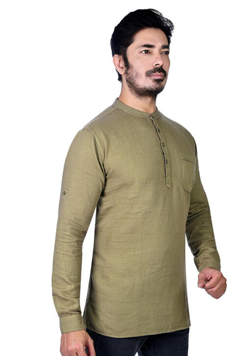 Buy Solid Color Pure Cotton Short Kurta in Olive Green Online : MSY162 ...