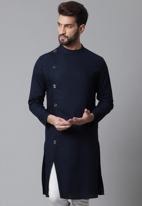 Buy Solid Color Pure Cotton Side Open Kurta in Dark Blue Online ...