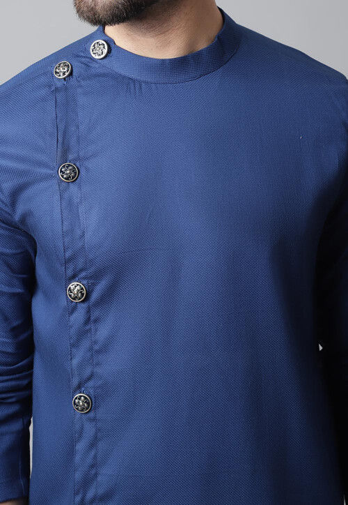 Buy Solid Color Pure Cotton Side Open Kurta in Dark Teal Blue Online ...