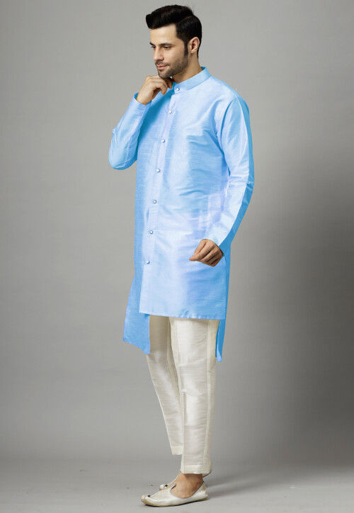 Buy Solid Color Raw Silk High Low Kurta Set in Sky Blue Online ...