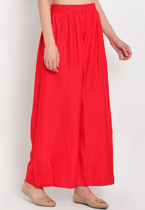 Solid Color Rayon Palazzo in Red : BDZ422