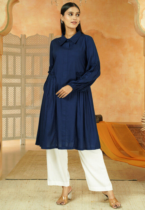 Buy Solid Color Rayon Tunic Set in Navy Blue Online : TUFC84 - Utsav ...