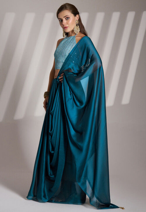 Buy Solid Color Satin Georgette Saree in Teal Blue Online : SPF13682 ...