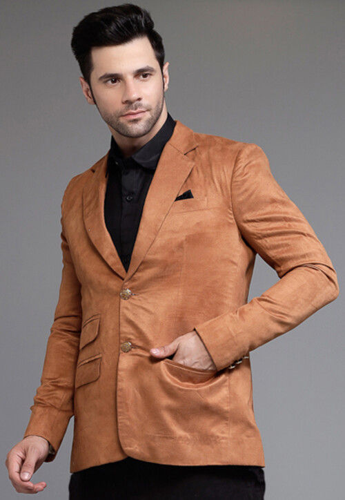 Buy Solid Color Suede Blazer in Brown Online : MXX416 - Utsav Fashion