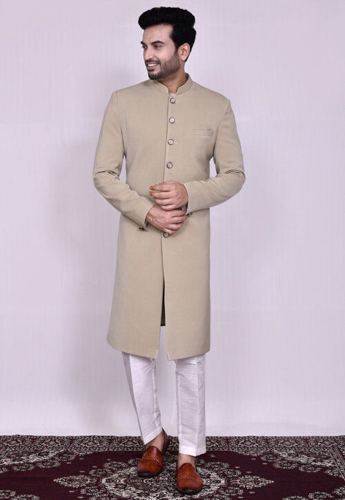 Buy Solid Color Suede Sherwani in Beige Online : MTX3508 - Utsav Fashion