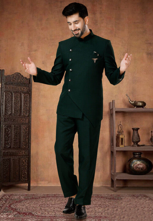 Buy Solid Color Terry Rayon Jodhpuri Suit in Dark Green Online ...