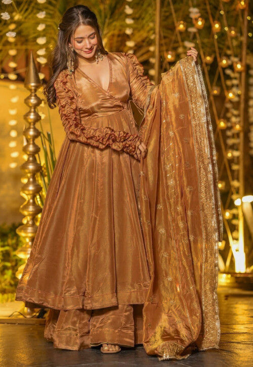 Buy Solid Color Tissue Shimmer Pakistani Suit in Golden Online ...