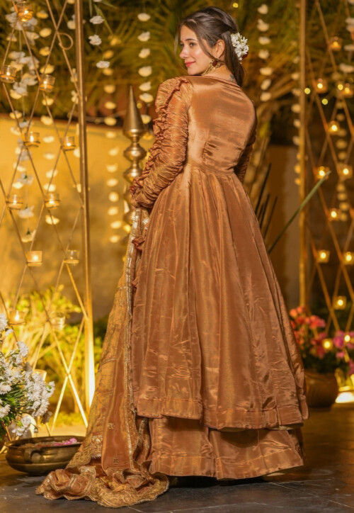 Buy Solid Color Tissue Shimmer Pakistani Suit in Golden Online ...