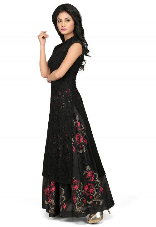 Buy Woven Chantelle Net Long Kurta in Black Online : THU528 - Utsav Fashion