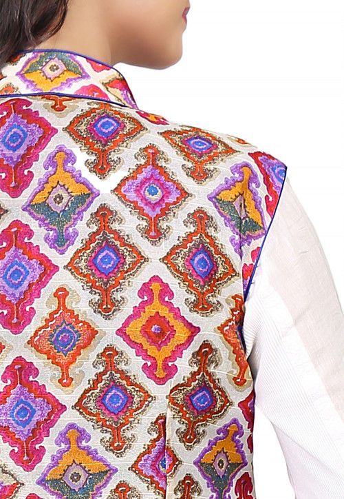 Buy Printed Raw Silk Jacket in Multicolor Online : THU556 - Utsav Fashion