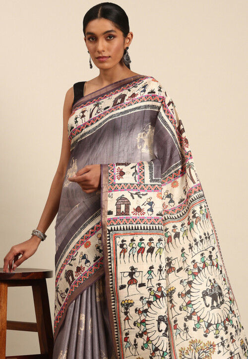 Buy Warli Printed Cotton Saree in Purple Online : SPF13540 - Utsav Fashion
