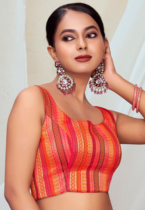 Buy Woven Art Silk Blouse in Orange and Red Online : UWG82 - Utsav Fashion