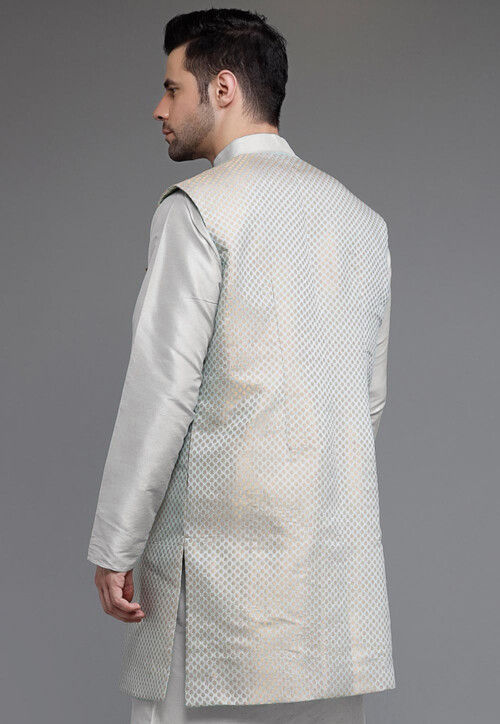 Buy Woven Art Silk Jacquard Front Open Long Jacket in Sky Blue Online ...