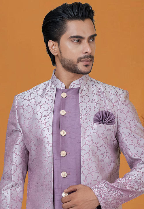 Buy Woven Art Silk Jacquard Jacket Style Sherwani in Purple Online ...