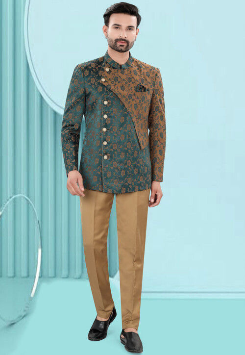 Buy Woven Art Silk Jacquard Jodhpuri Jacket in Teal Green and Brown ...