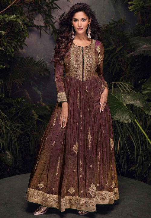 Buy Woven Art Silk Jacquard Long Kurta in Dark Brown Online : TCH462 ...