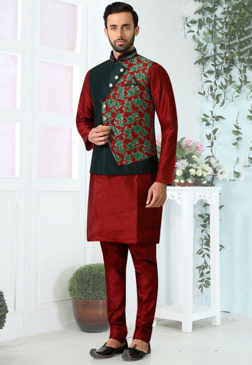 Buy Woven Art Silk Jacquard Overlapping Nehru Jacket in Green and ...