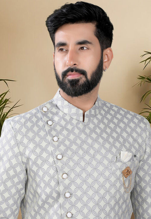 Buy Woven Art Silk Jacquard Sherwani in Off White and Grey Online ...