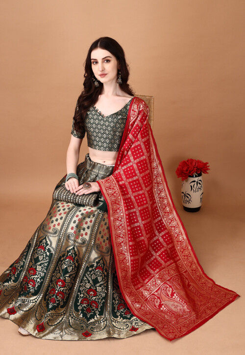 Buy Woven Art Silk Lehenga in Dark Green Online : LSG427 - Utsav Fashion