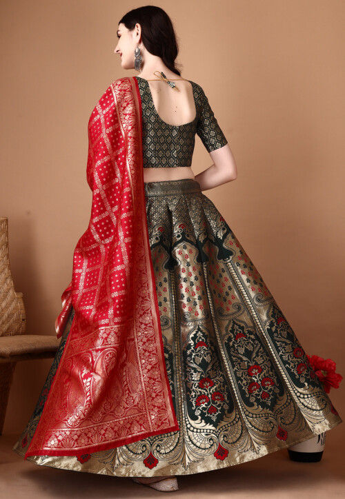 Buy Woven Art Silk Lehenga in Dark Green Online : LSG427 - Utsav Fashion