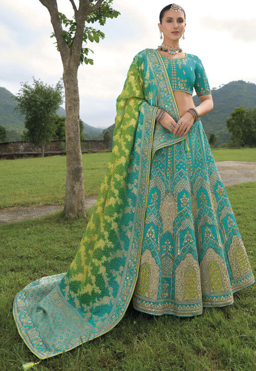 Buy Woven Art Silk Lehenga in Turquoise Online : LGM390 - Utsav Fashion