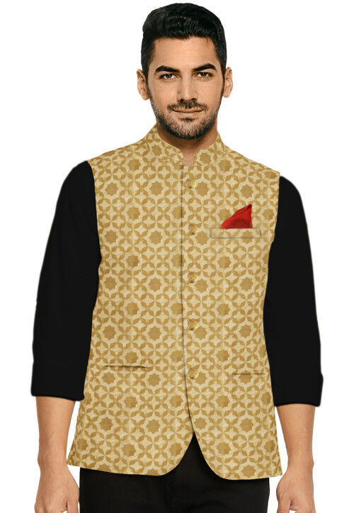 Buy Woven Art Silk Nehru Jacket in Beige Online : MTE1278 - Utsav Fashion