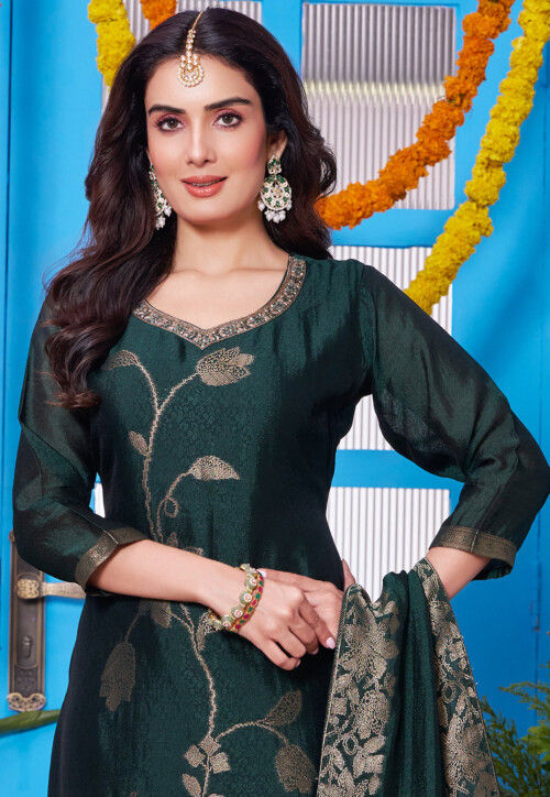 Buy Woven Art Silk Pakistani Suit in Dark Green Online : KRD1648 ...
