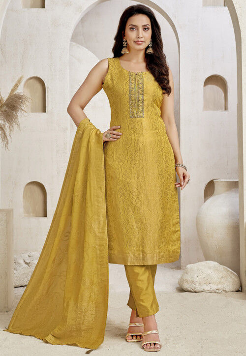 Buy Woven Art Silk Pakistani Suit in Mustard Online : KRD791 - Utsav ...
