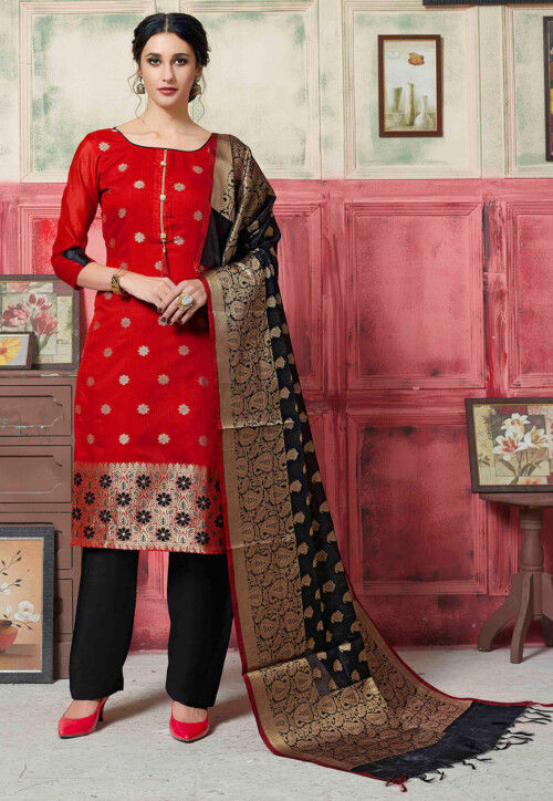 Buy Woven Art Silk Pakistani Suit in Red Online : KYE1503 - Utsav Fashion