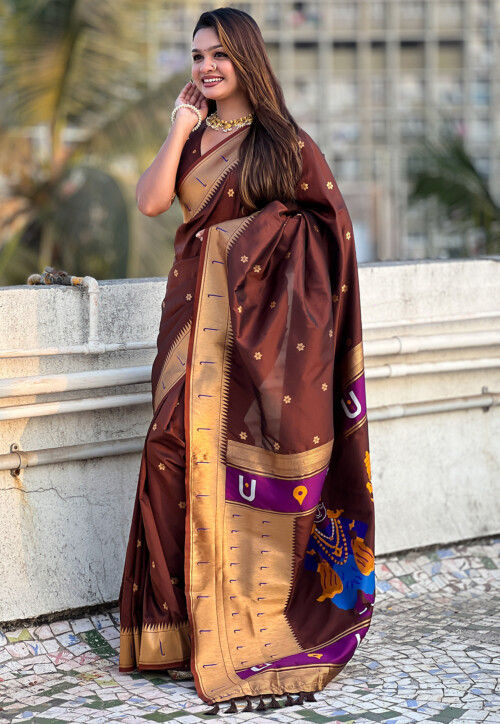 Buy Woven Art Silk Saree in Brown Online : SPF13826 - Utsav Fashion