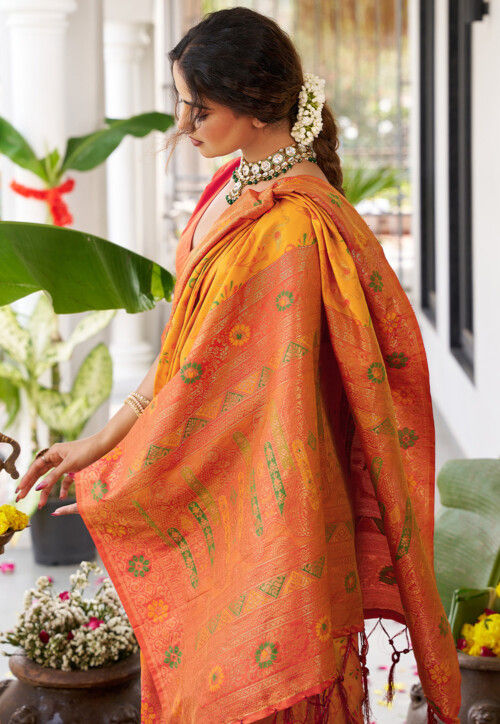 Buy Woven Art Silk Saree in Mustard Online : SPF17819 - Utsav Fashion