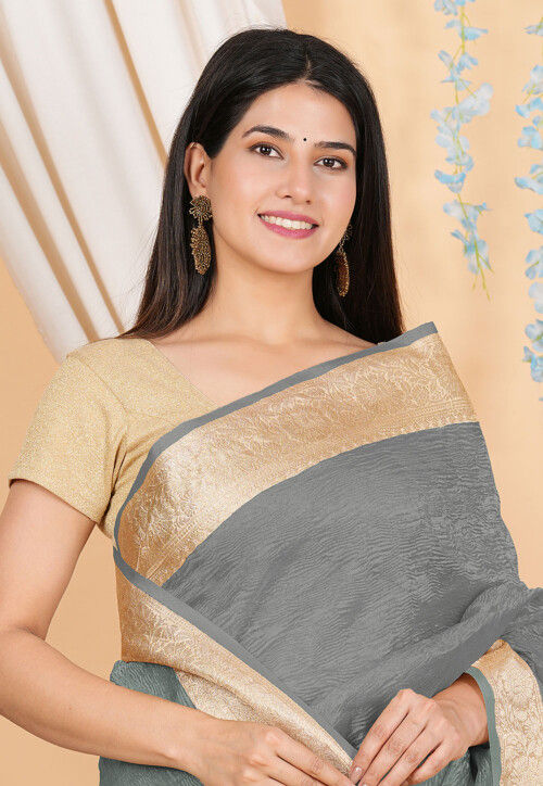 Buy Woven Border Crush Tissue Saree in Light Grey Online : SJN7660 ...