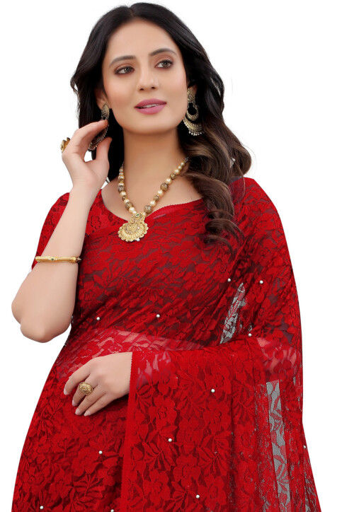 Buy Woven Chantelle Net Saree in Red Online : SFF2513 - Utsav Fashion