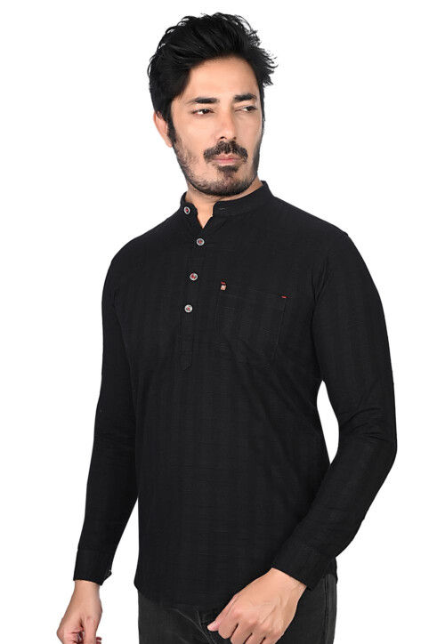 Buy Woven Cotton Jacquard Short Kurta in Black Online : MSY150 - Utsav ...
