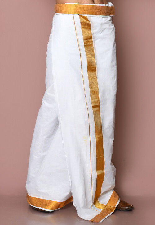 Buy Woven Cotton Kerala Kasavu South Indian Mundu in White Online ...