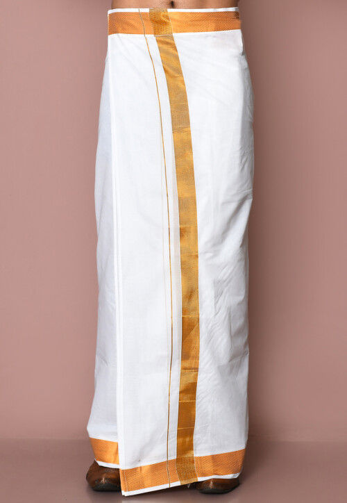 Buy Woven Cotton Kerala Kasavu South Indian Mundu in White Online ...