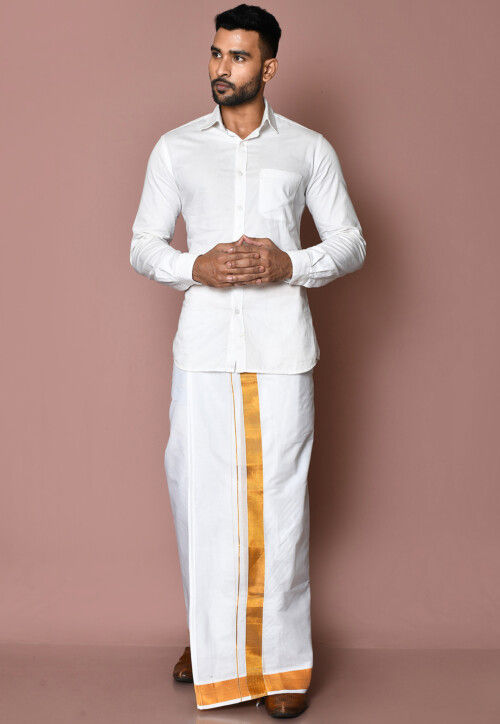 Buy Woven Cotton Kerala Kasavu South Indian Mundu in White Online ...