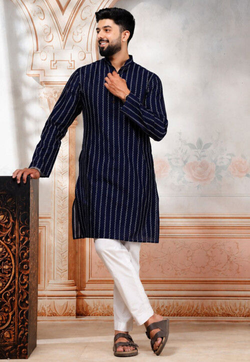 Buy Woven Cotton Kurta Set in Navy Blue Online : MAT1463 - Utsav Fashion