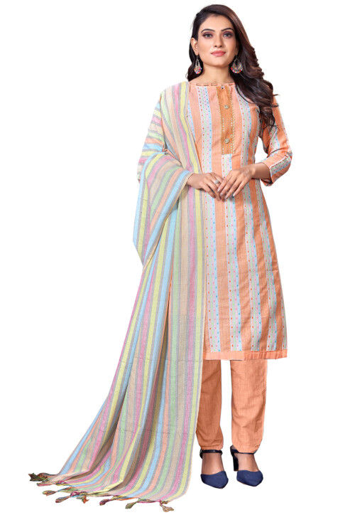 Buy Woven Cotton Pakistani Suit in Peach Online : KYE2157 - Utsav Fashion