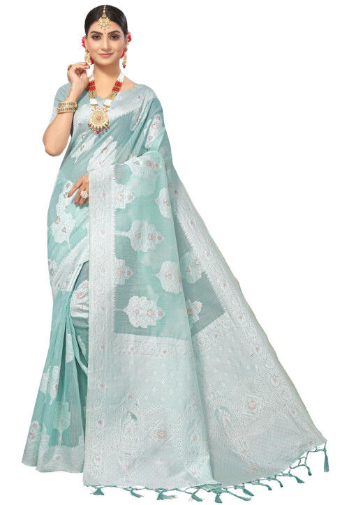 Buy Woven Cotton Saree in Light Blue Online : SSKT766 - Utsav Fashion