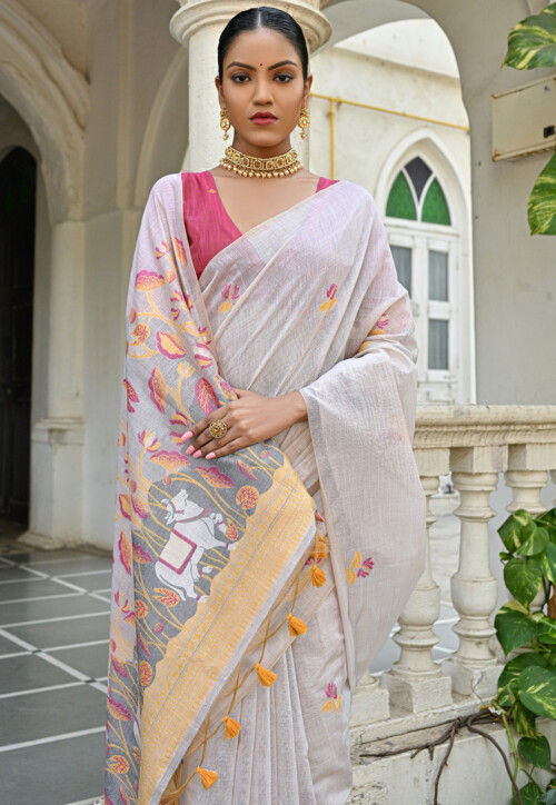 Buy Woven Cotton Saree in Off White Online : SPF14080 - Utsav Fashion