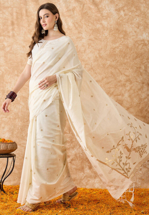 Buy Woven Cotton Saree in Off White Online : SSKT902 - Utsav Fashion